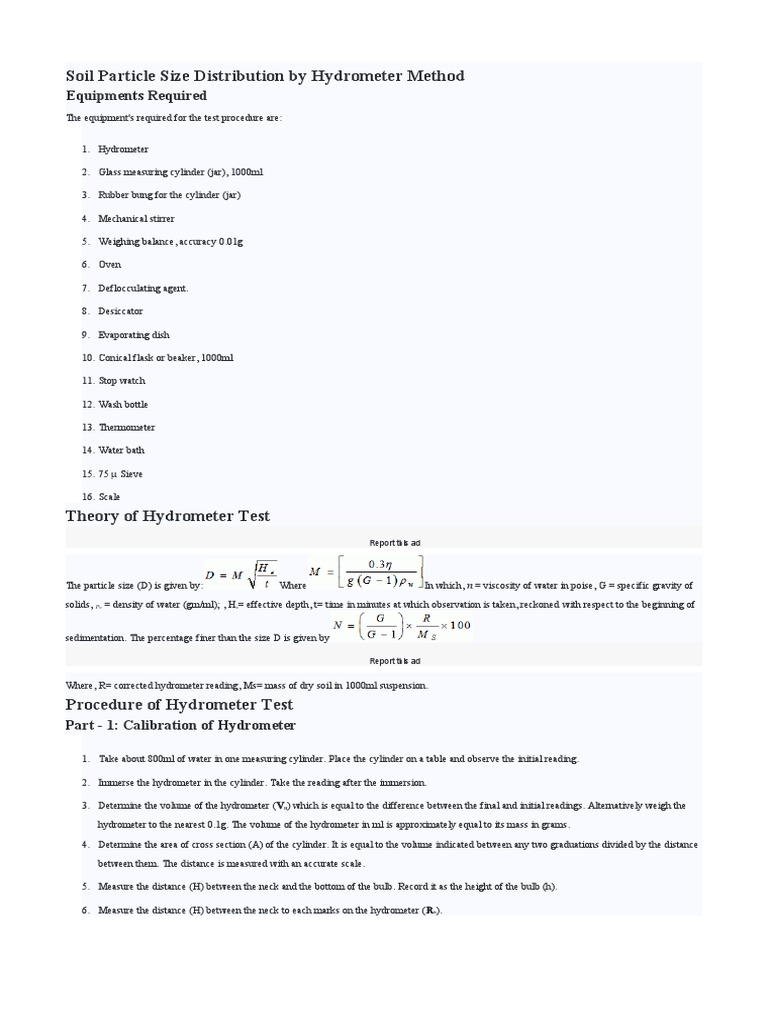 Soil Particle Size Distribution by Hydrometer Method | PDF | Water ... Soil Particle Size Distribution by Hydrometer Method | PDF | Water ...