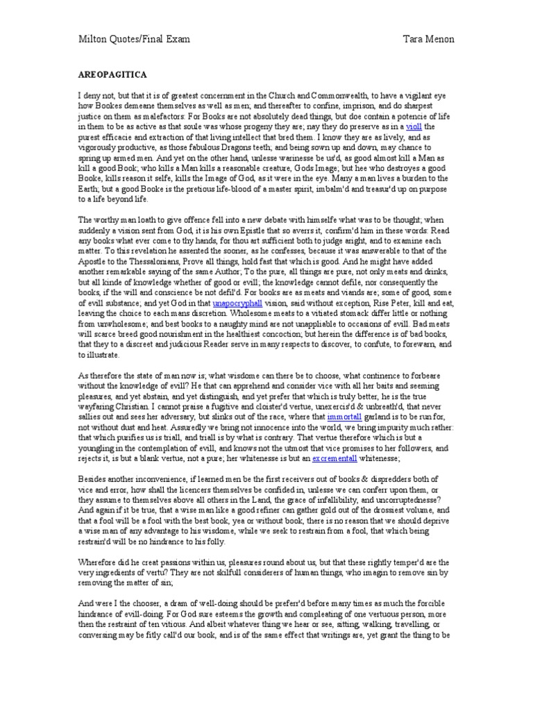Milton Quotes/Final Exam Tara Menon: Areopagitica | PDF | Religion And ...