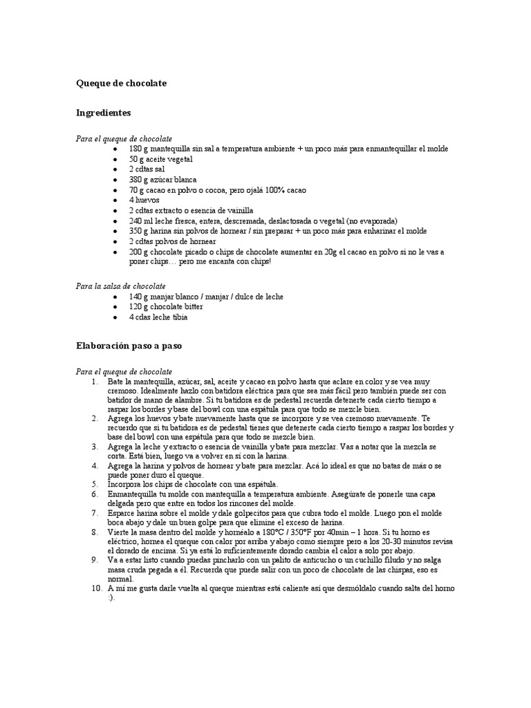 Queque de Chocolate | PDF | Chocolate | Comida y bebida