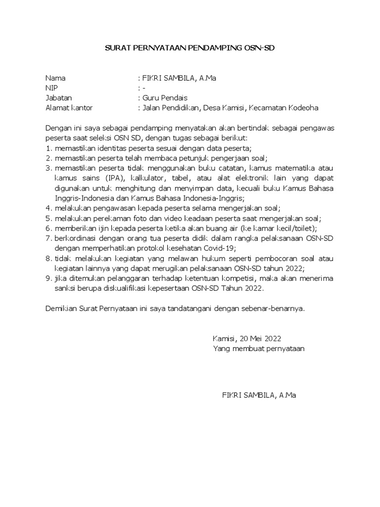 Surat Pernyataan Pendamping Osn | PDF