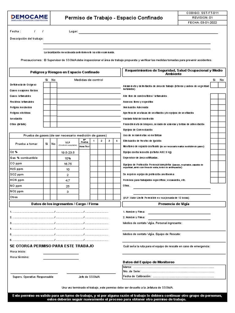 SST-FT-011 Permiso de Trabajo Espacios Confinados | PDF