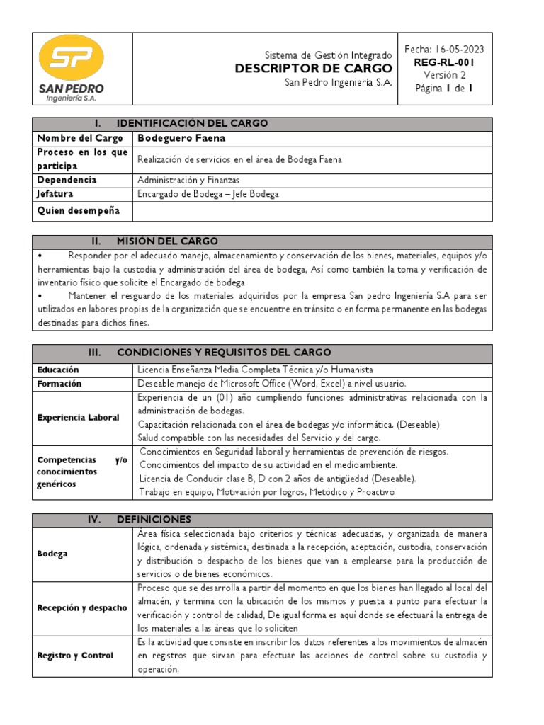 Reg-Rl-001-V1 - Descriptor de Cargo Bodeguero Faena | PDF | Calibración | Business