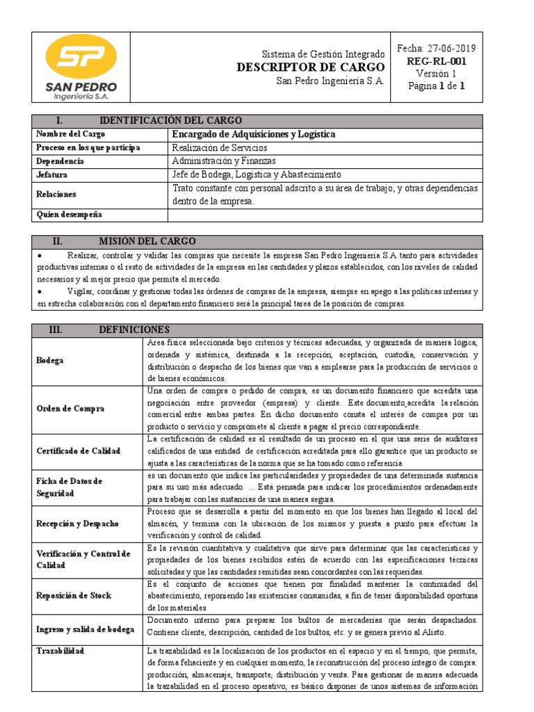 Reg-Rl-001-V1 - Descriptor de Cargo Encargado de Adquisiciones y ... Reg-Rl-001-V1 - Descriptor de Cargo Encargado de Adquisiciones y ...