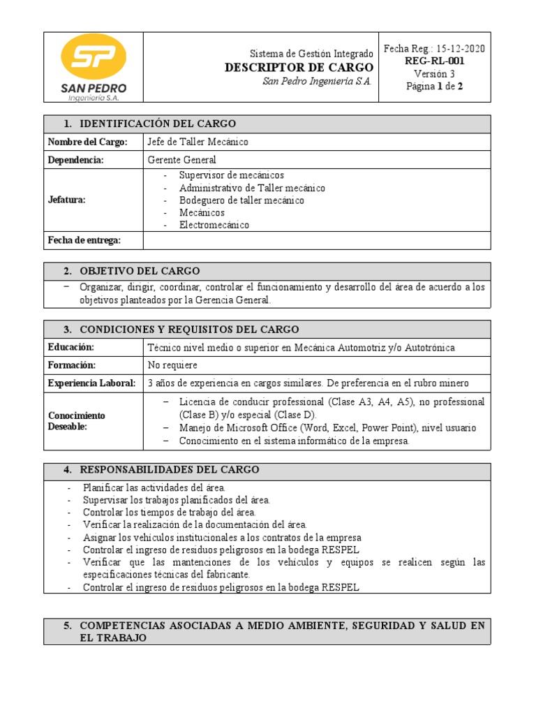 Reg-Rl-001-V3 - Descriptor de Cargo Jefe de Taller | PDF | Business