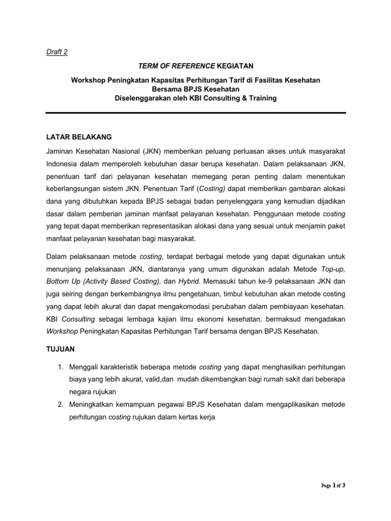 TOR Workshop Costing BPJS - Draft 2 - 10 Juni 2023 | PDF
