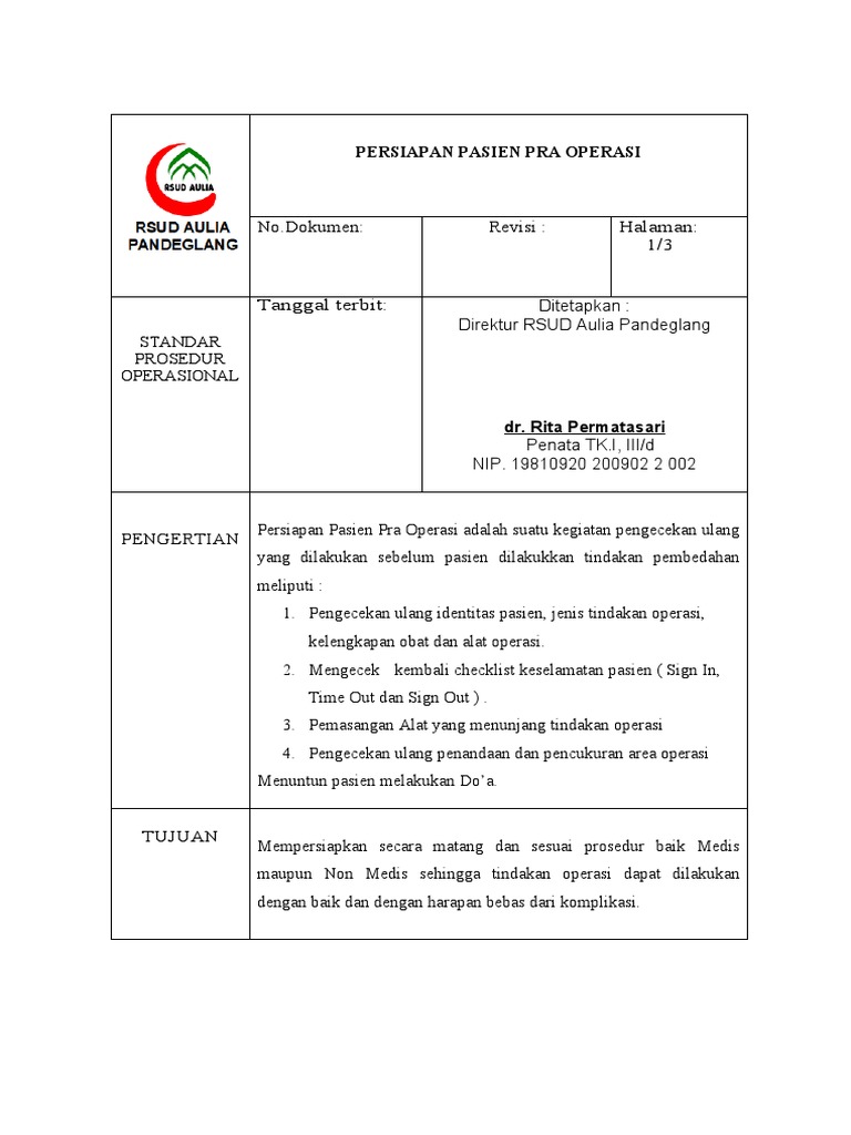 Sop Persiapan Pasien Pra Operasi Rsudbnh | PDF