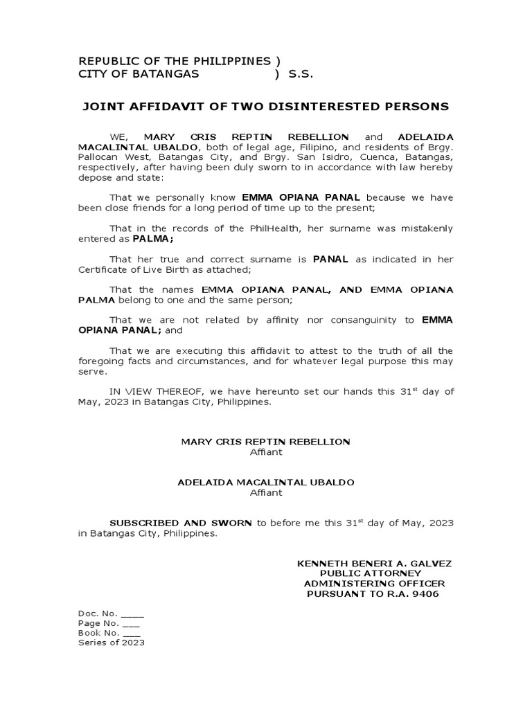 Affidavit - Two Disinterested Persons - Emma Palma | PDF