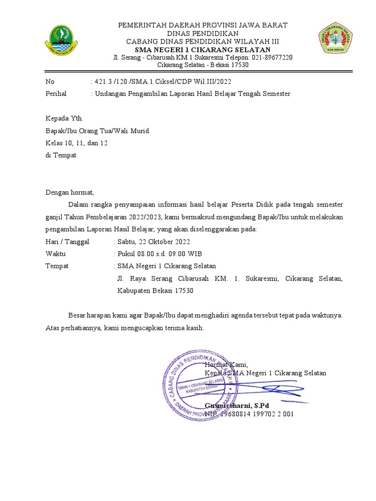 Undangan Pengambilan Raport PTS | PDF
