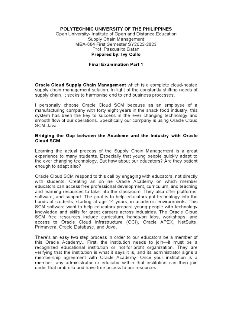 Cullo - Ivy SCM Final Exams | PDF | Supply Chain Management | Supply Chain