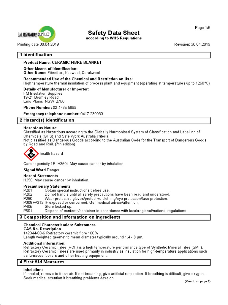 Ceramic Fibre Blanket Safety Data Sheet | PDF | Personal Protective ...