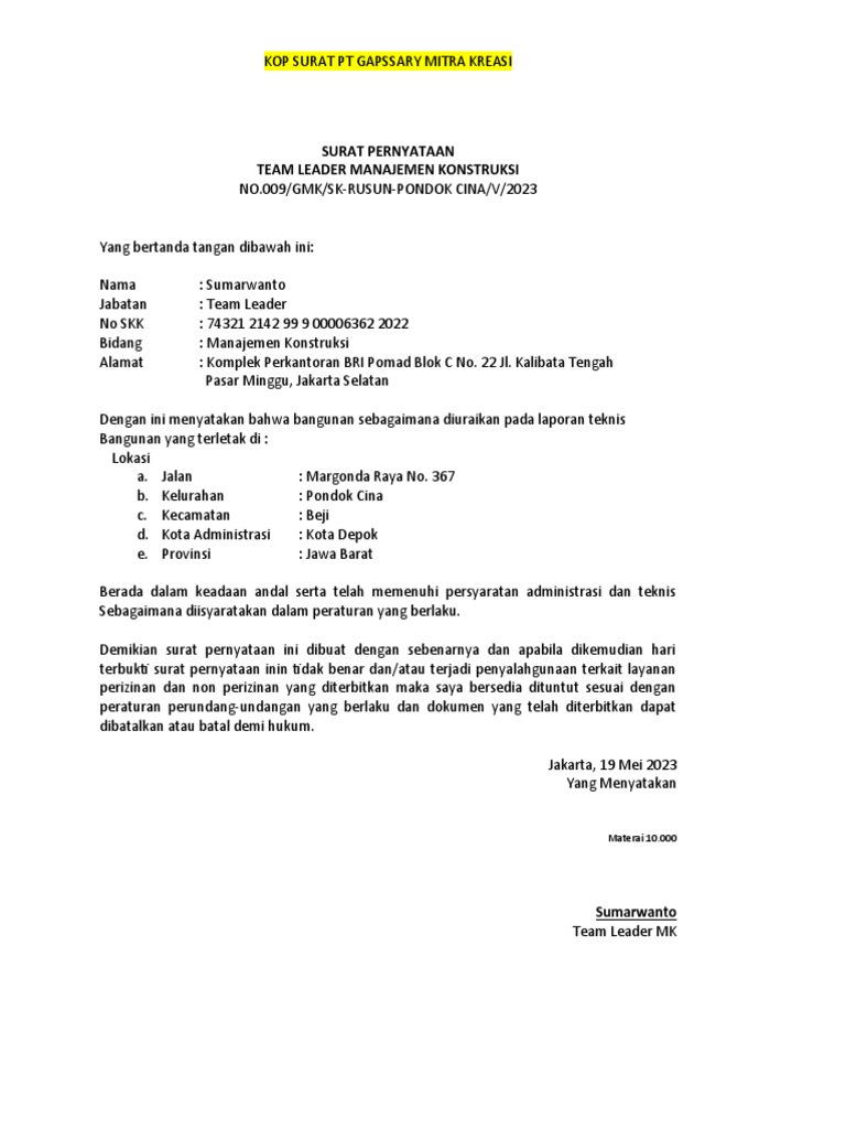 3. Surat Pernyataan Team Leader Manajemen Konstruksi | PDF