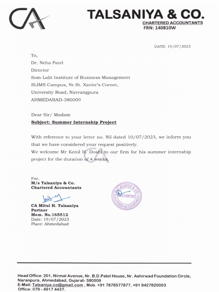Summer Internship Project Letter For Kenil Doshi | PDF