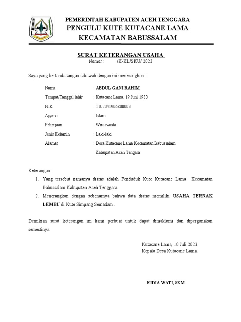 Surat Keterangan Usaha Kutacane Lama | PDF