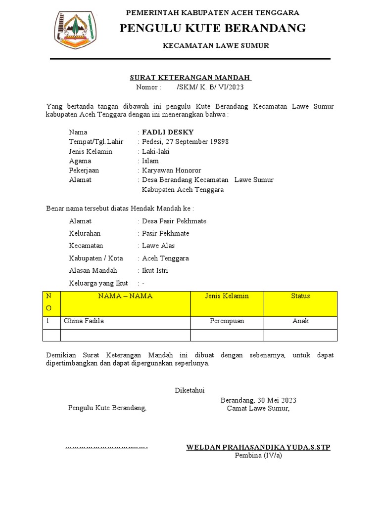 Surat Keterangan Mandah Kutacane Lama 2023 | PDF