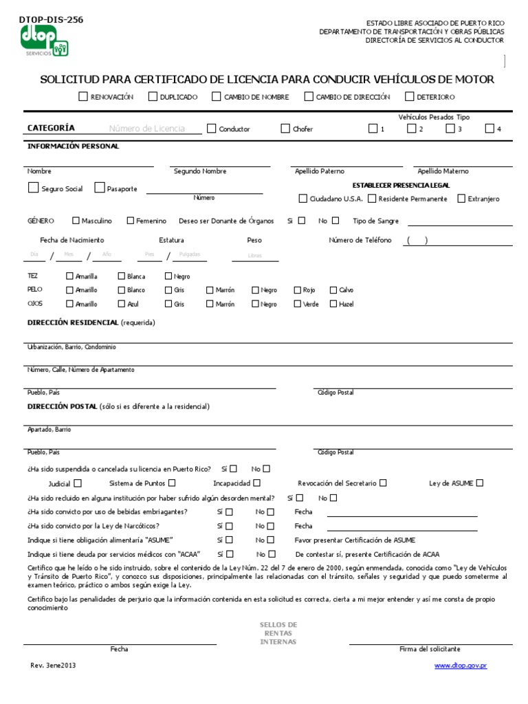 Dtop-Dis-256 Solicitud para Certificado de Licencia para Conducir ...