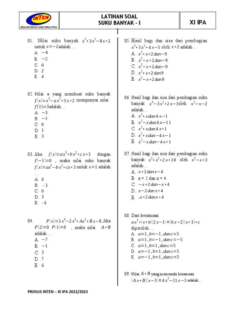Latihan Soal Xi Suku Banyak 1 | PDF