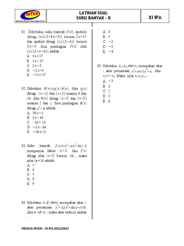 Latihan Soal Xi Suku Banyak 2 | PDF