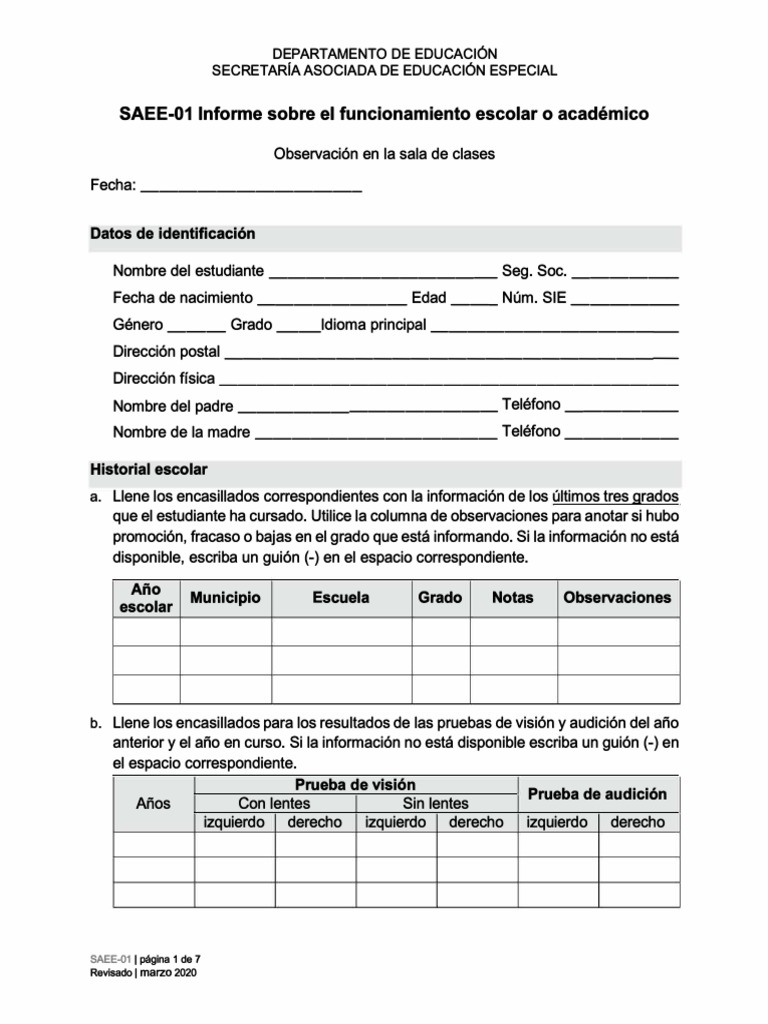 Saee 01 Informe Sobre El Funcionamiento Escolar o Academico | PDF ...
