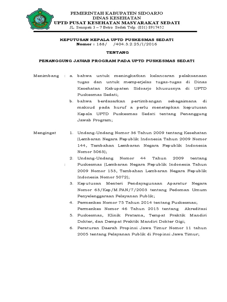 Sedati - 5.1.1.2 SK PENETAPAN PENANGGUNG JAWAB PROGRAM - Revisi | PDF