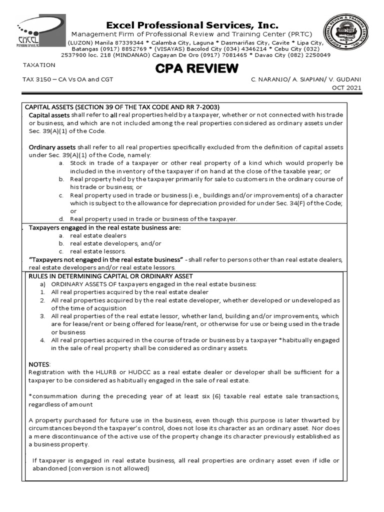 Tax.3105 - Capital Asset VS Ordinary Asset and CGT | PDF | Capital ...