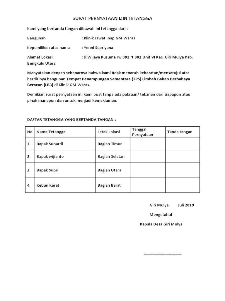 SURAT PERNYATAAN IZIN TETANGGA Untuk IZIN IMB LIMBAH | PDF