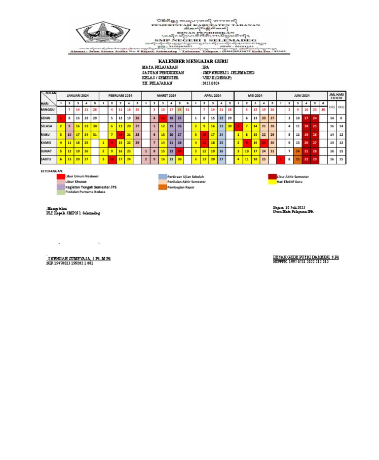 KALENDER GURU Semester 2 | PDF