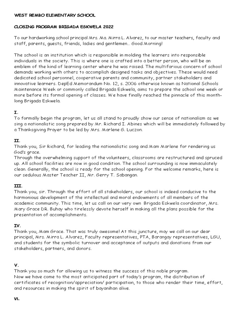 Closing Program Brigada Eskwela Script 2022 | PDF