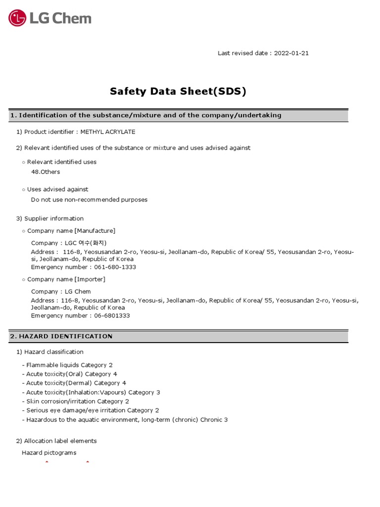 (MSDS) Methyl Acrylate - MA - EN - 220121 | PDF | Toxicity | Dangerous ...