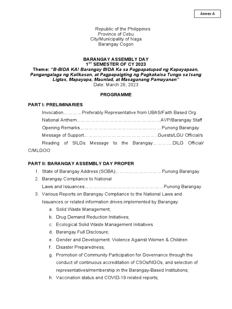 Barangay Assembly Fy 2023 (First Semester) | PDF