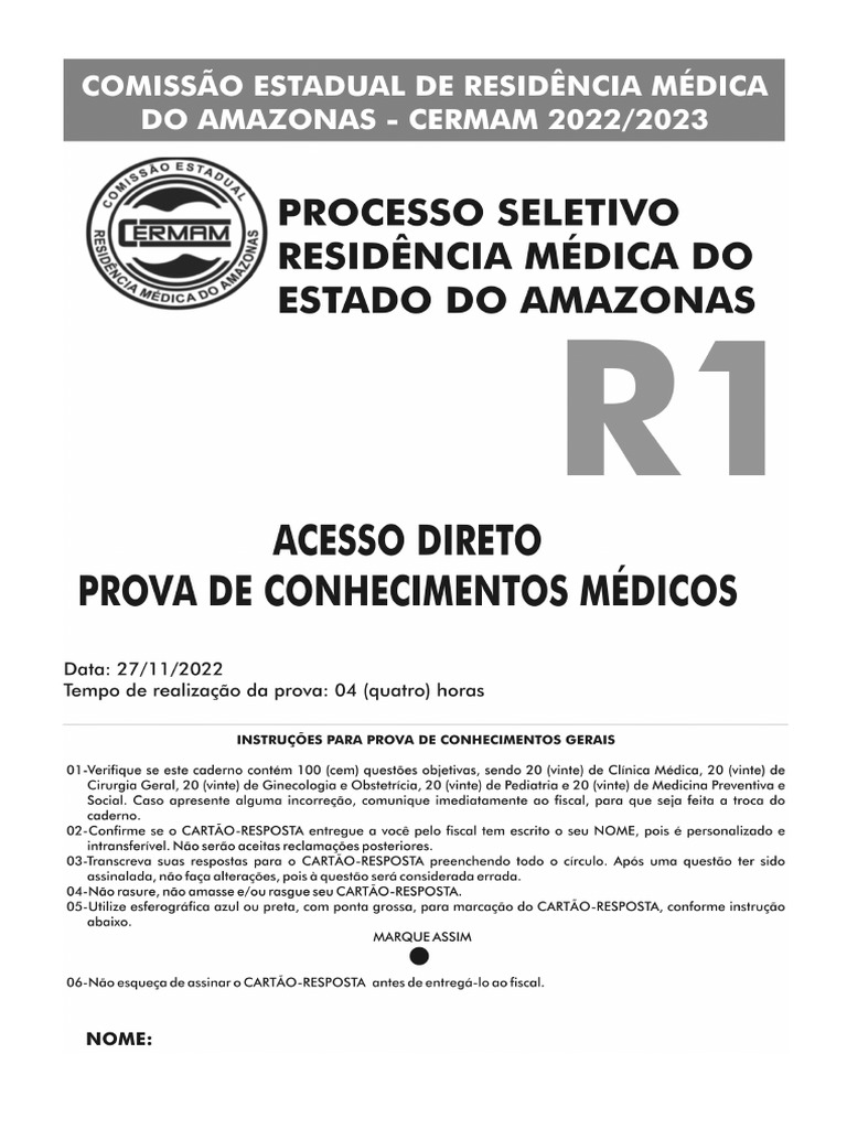 PROVAO CERMAM 2023 - 1 - Imp - Final | Download grátis PDF | Dor | Tuberculose