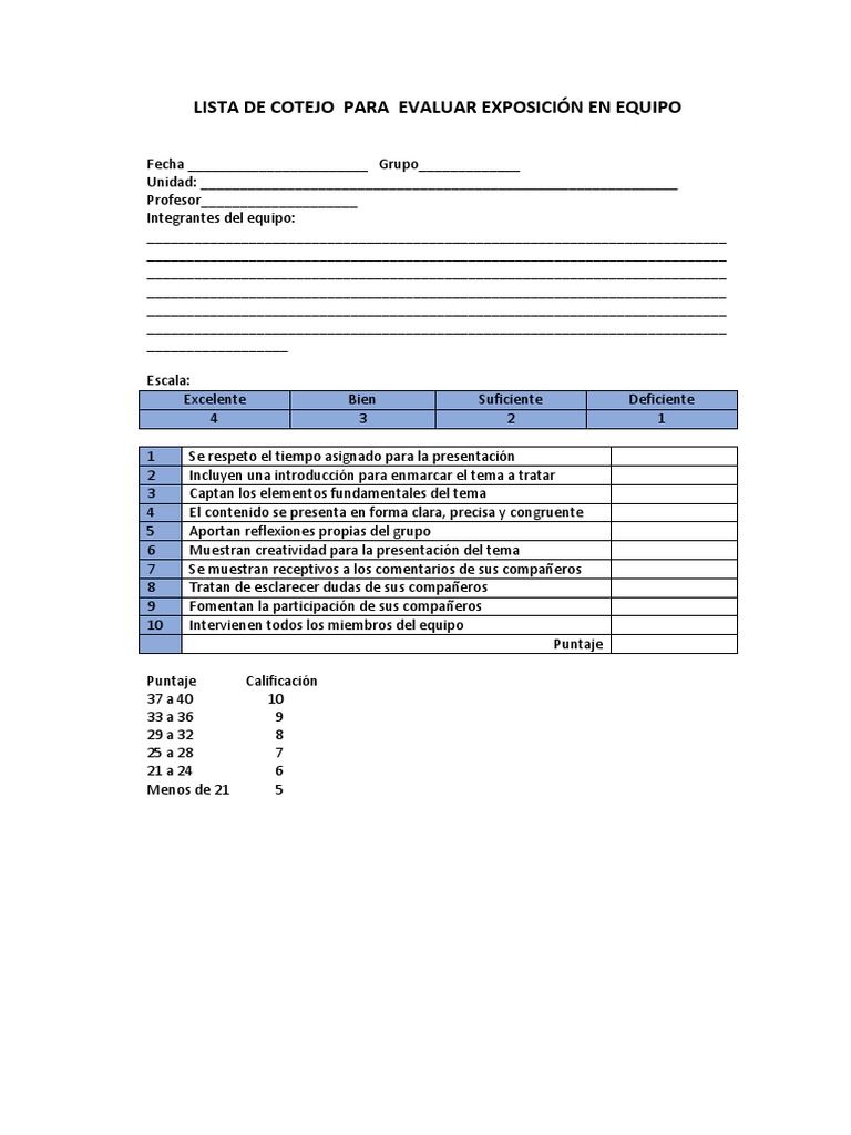 Lista de Cotejo para Evaluar Exposición en Equipo | PDF | Arte