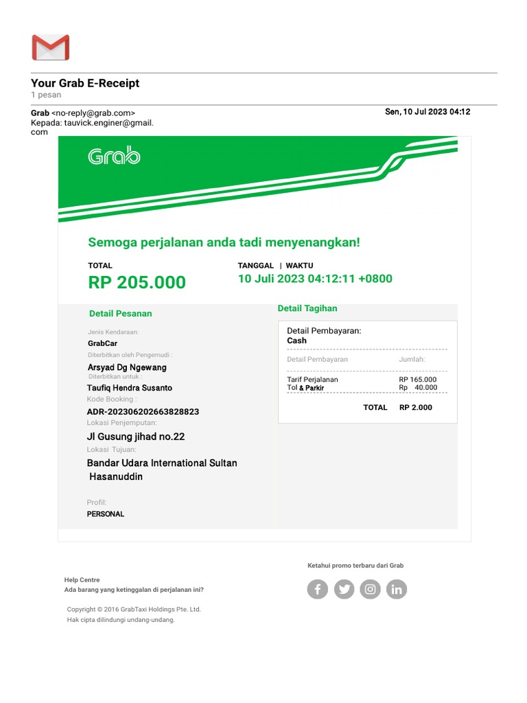 Gmail Your Grab E Receipt PDF | PDF