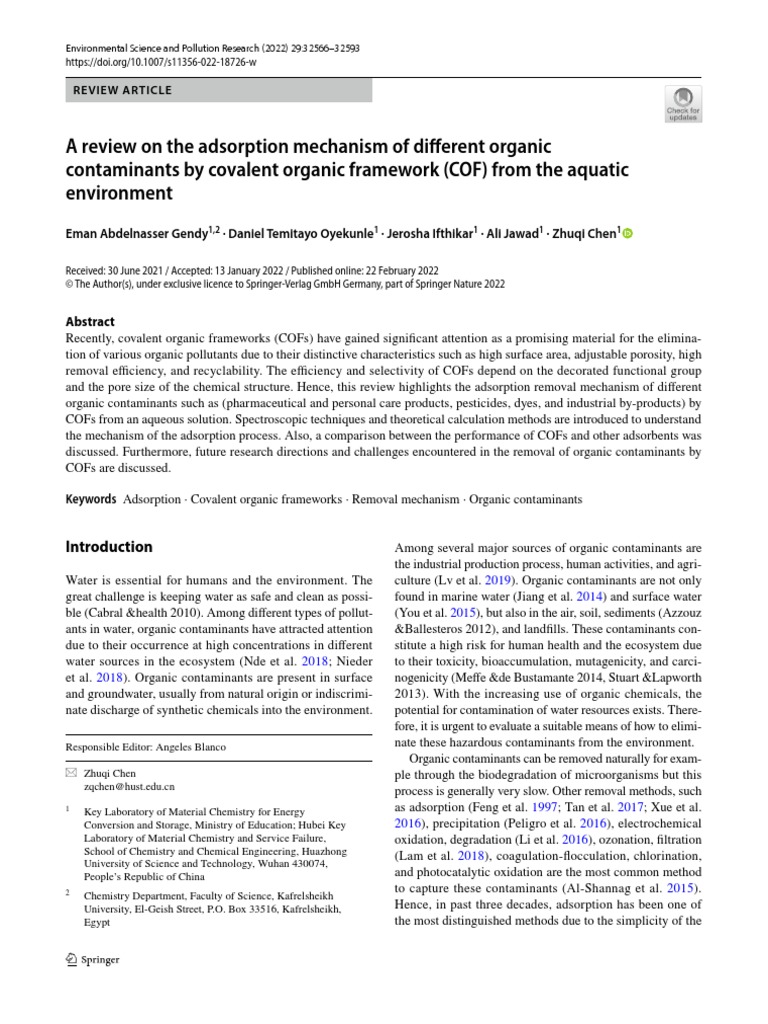 A Review On The Adsorption Mechanism of Diferent Organic Contaminants by Covalent Organic ...
