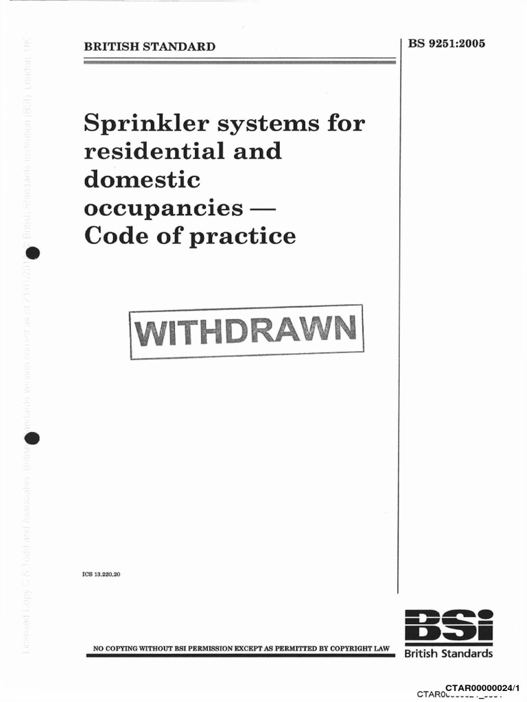 CTAR00000024 - BS 9251 - 2005. Sprinkler Systems For Residential and Domestic Occupancies - Code ...