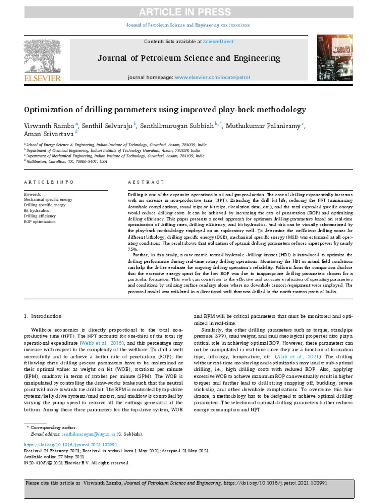 Optimization Of Drilling Parameters Using Improved Play Back Methodology Pdf Mean Squared