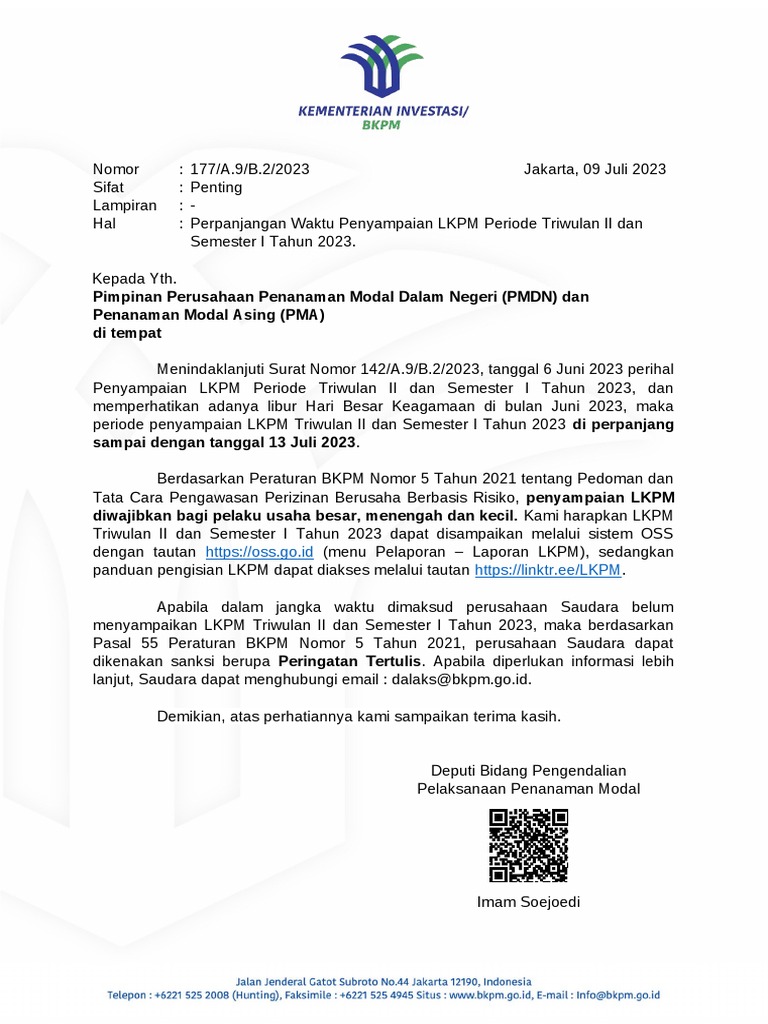 Pemberitahuan Perpanjangan Masa Pelaporan LKPM Triwulan 2 Tahun 2023 | PDF