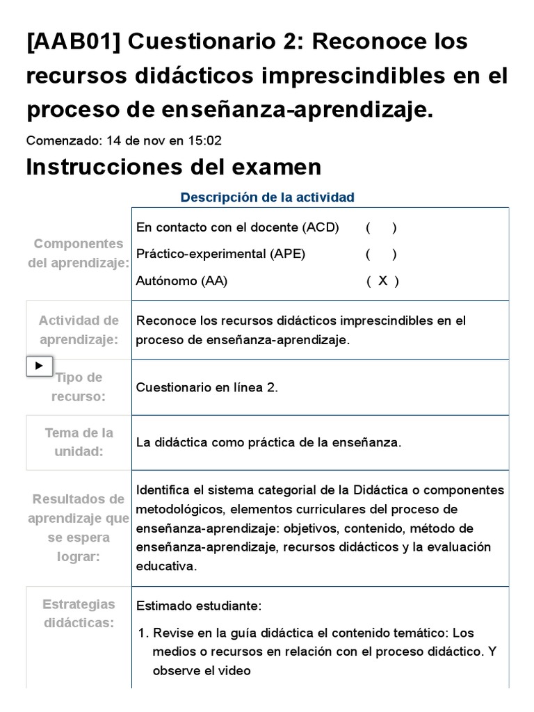 Examen - (AAB01) Cuestionario 2 - Reconoce Los Recursos Didácticos Imprescindibles en El Proceso ...