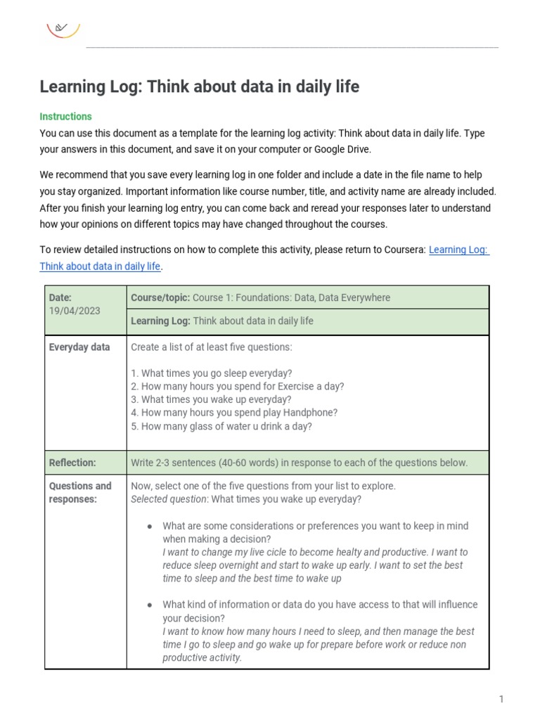 Learning-Log-Template - Think-About-Data-In-Daily-Life | PDF | Data | Sleep