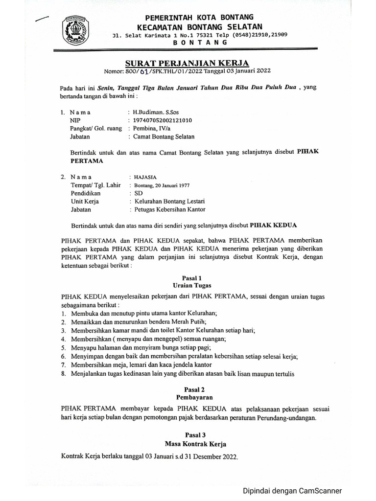 Surat Perjanjian Kerja Tahun 2022 | PDF