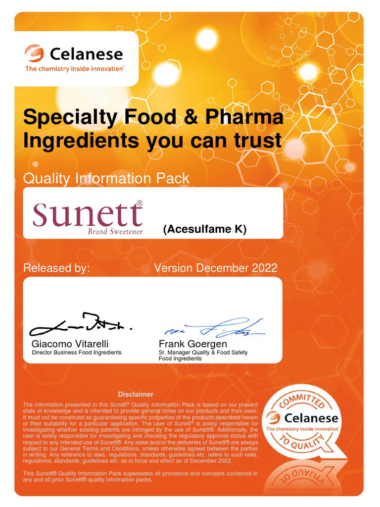 Sunett Quality Information Pack | PDF | Packaging And Labeling | Hazard ...