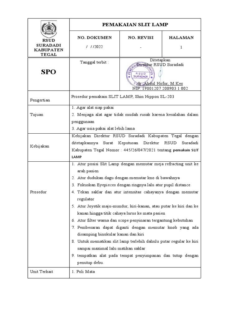 SPO Penggunaan Slit Lamp | PDF