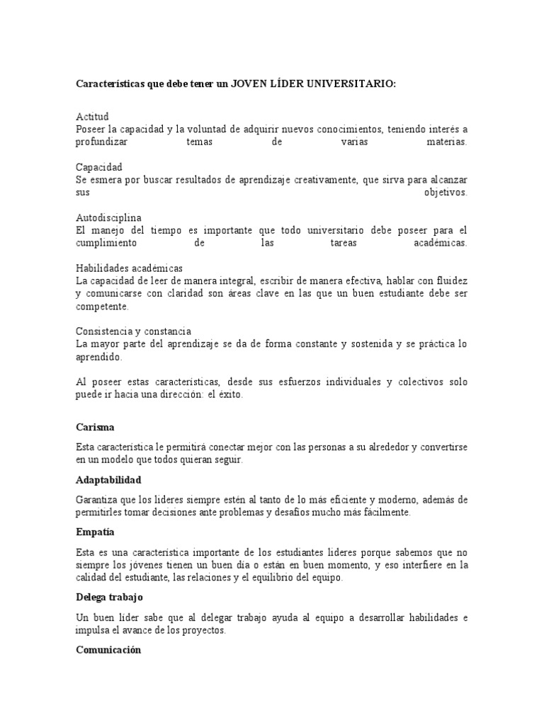 Características Que Debe Tener Un JOVEN LÍDER UNIVERSITARIO | Descargar ... Características Que Debe Tener Un JOVEN LÍDER UNIVERSITARIO | Descargar ...