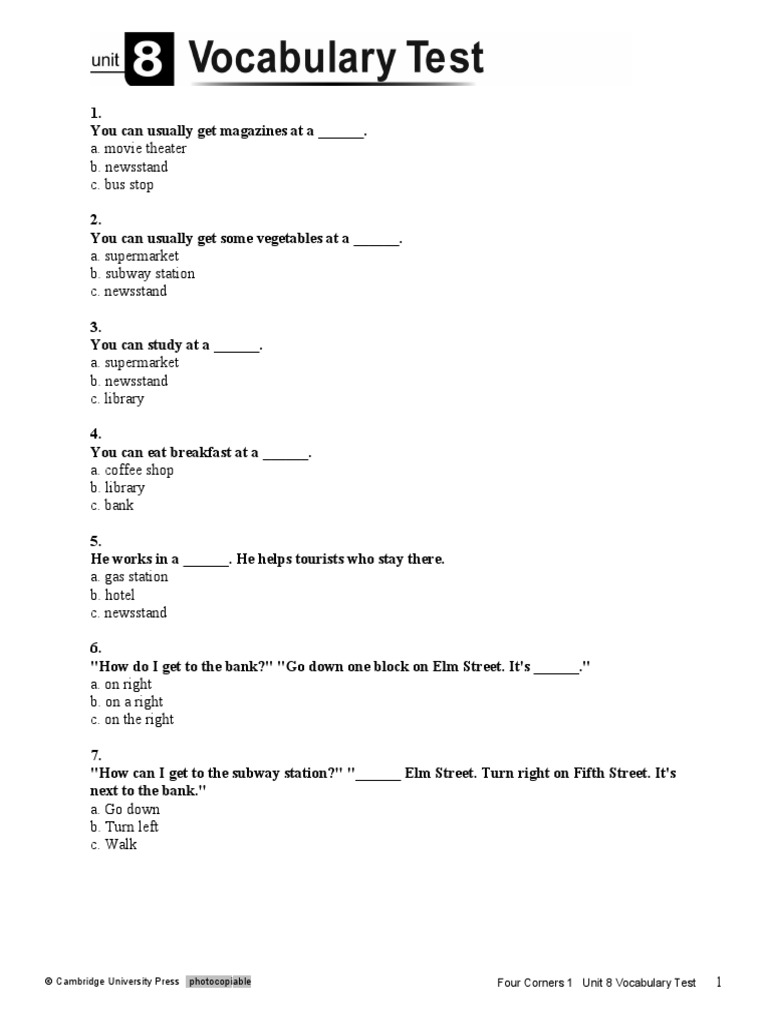 Four Corners 1 Unit 8 Vocabulary Test | PDF