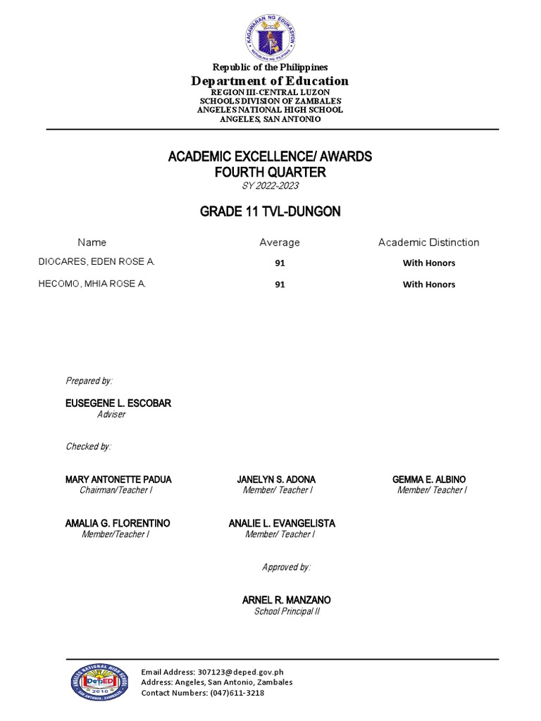 Updated Academic Excellence Awardees With Attendance Grade 11 | PDF