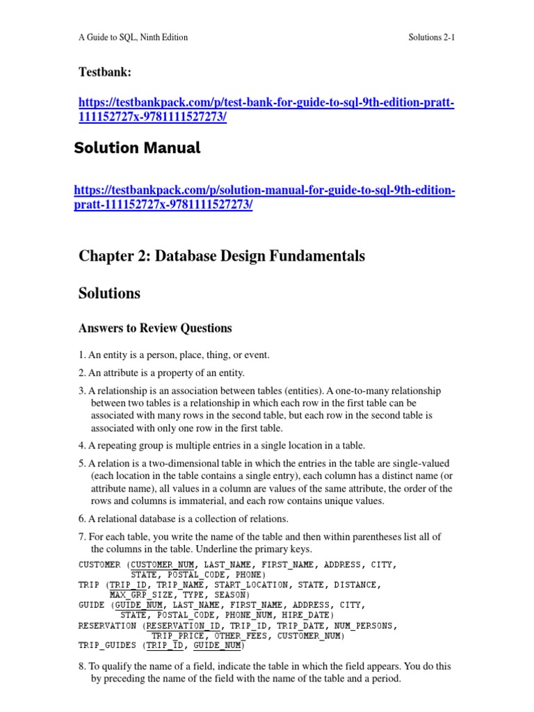 Guide To SQL 9th Edition by Pratt Last Solution Manual | PDF ...