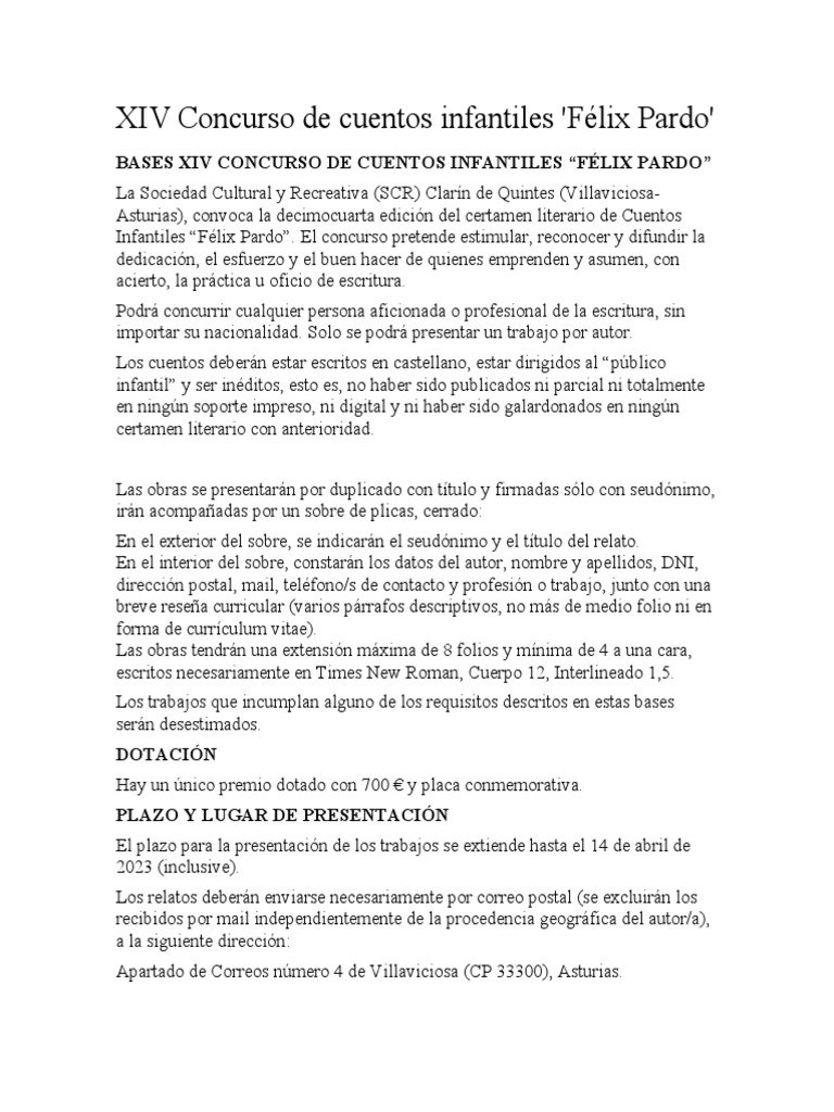 Xiv Concurso De Cuentos Infantiles Pdf