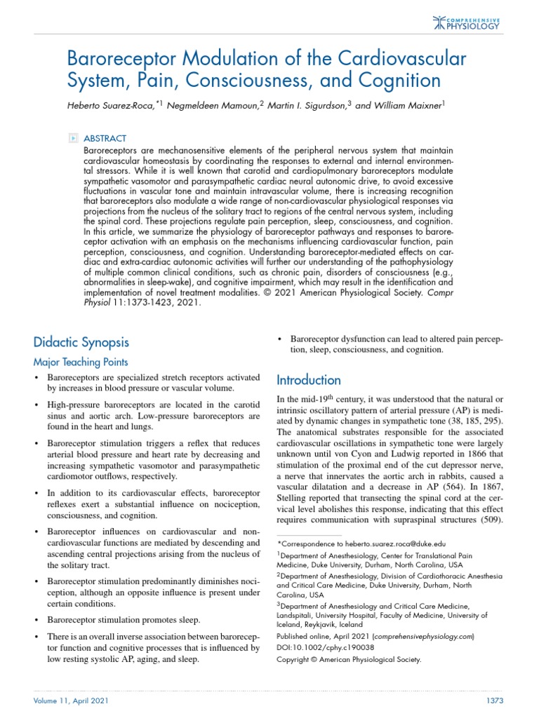 Baroreceptor Modulation of The Cardiovascular System, Pain, Consciousness, and Cognition | PDF ...
