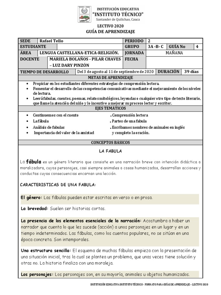 Fabula Pdf Fábula Comprensión Lectora