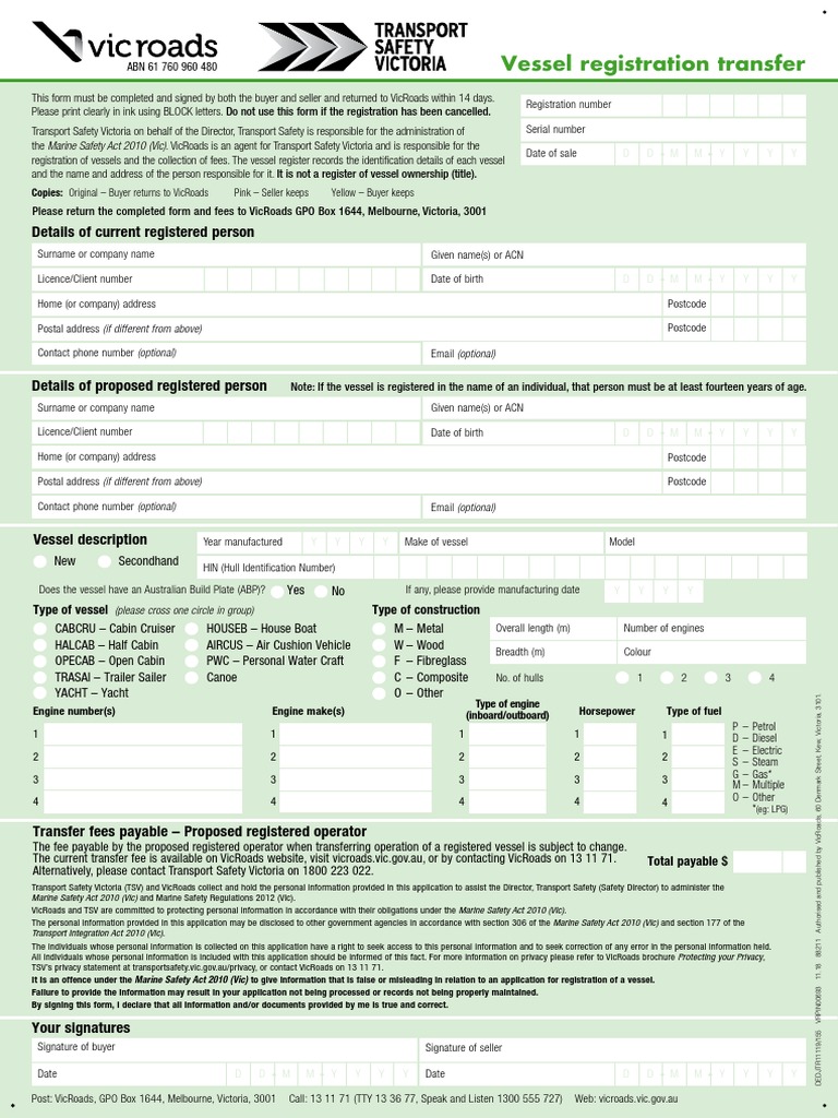 Vessel Registration Transfer Form | PDF | Yacht | Marine Propulsion