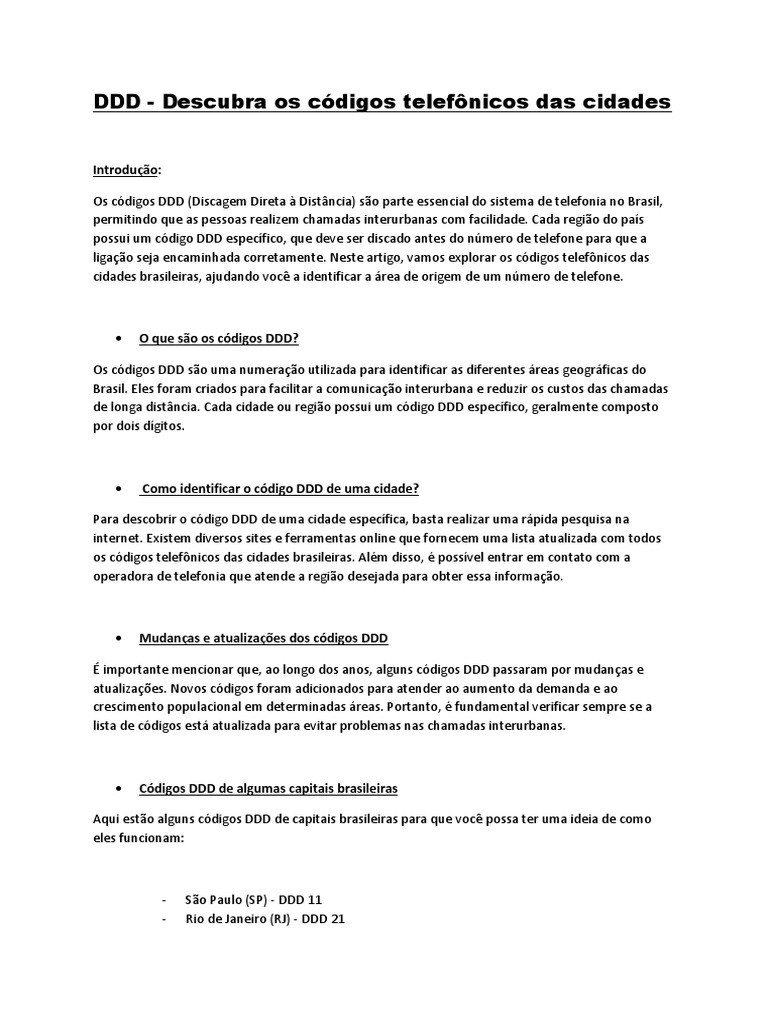 DDD - Descubra Os Códigos Telefônicos Das Cidades | PDF | Telefone ...